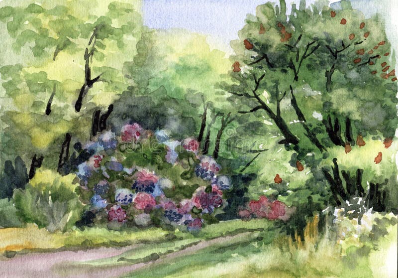Watercolor Painting of a Beautiful Spring Landscape. Stock Illustration ...