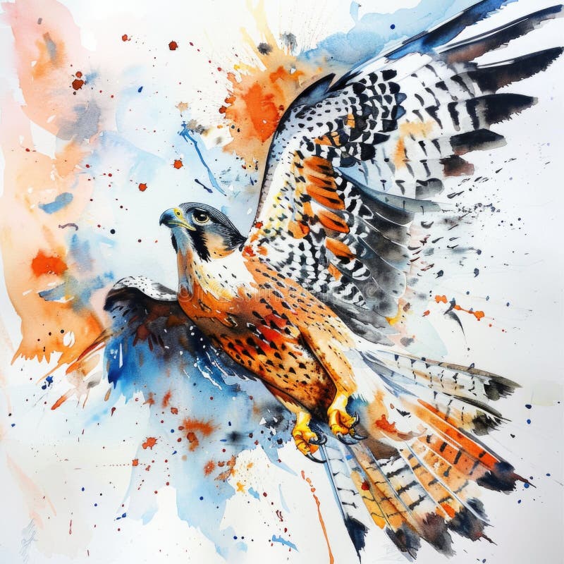 Watercolor Painting of a Bird of Prey in Flight, with Subtle Color and ...