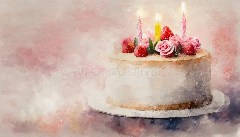 Watercolor Painting of a Birthday Cake Stock Illustration ...