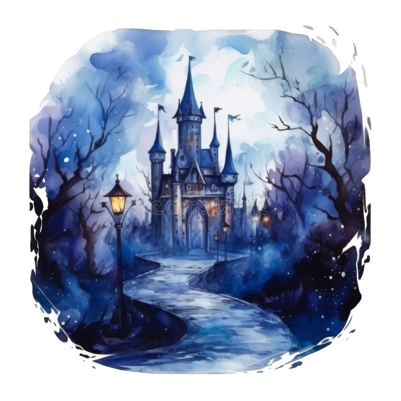 Watercolor Painting of a Blue Castle with a Winding Pathway Stock Image ...