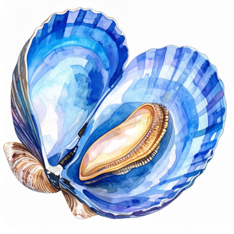 Watercolor Painting of a Blue Mussel Shell Stock Illustration ...