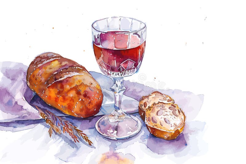 Watercolor Painting of Bread and Wine. Vector Illustration Design Stock ...