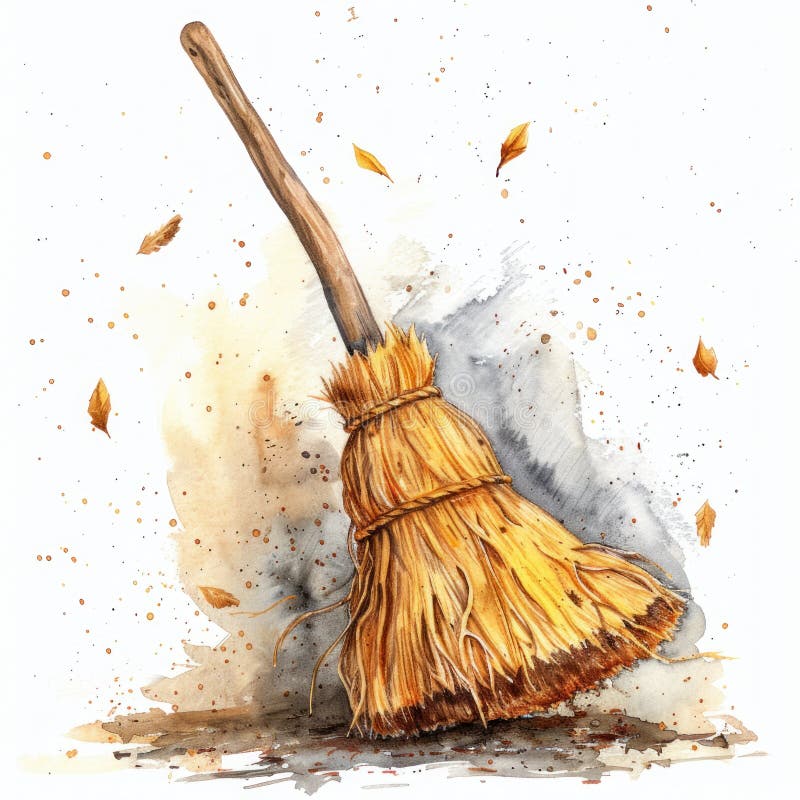 A Watercolor Painting of a Broom with Falling Leaves Stock Photo ...
