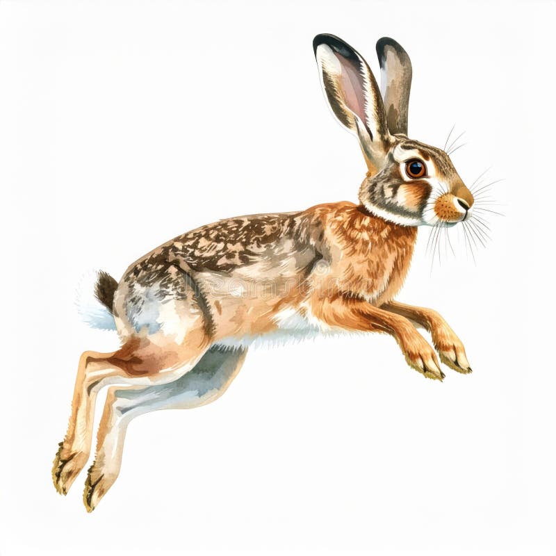 Watercolor Painting of a Brown Hare Leaping on a White Background Stock ...