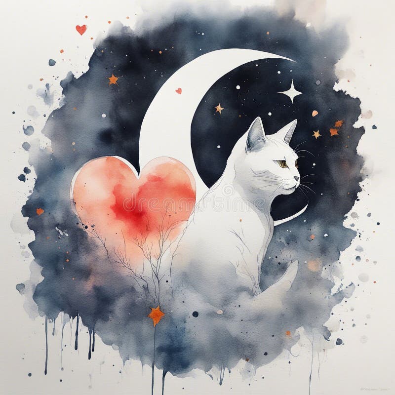 Watercolor Painting of a Cat with the Moon Stock Illustration ...