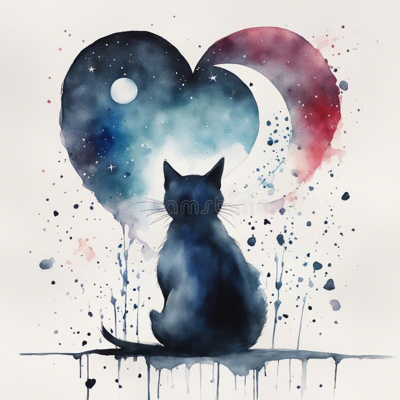 Watercolor Painting of a Cat with the Moon Stock Illustration ...