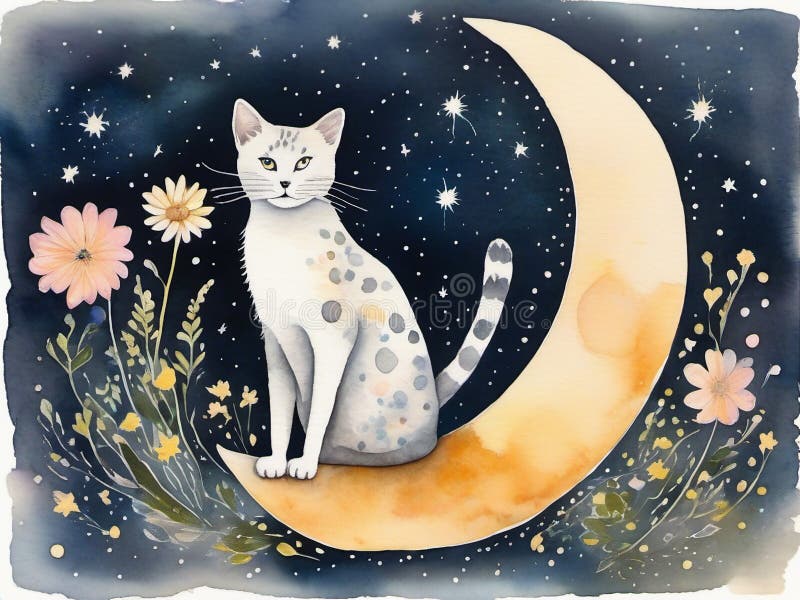 Watercolor Painting of a Cat with the Moon Stock Image - Image of tabby ...
