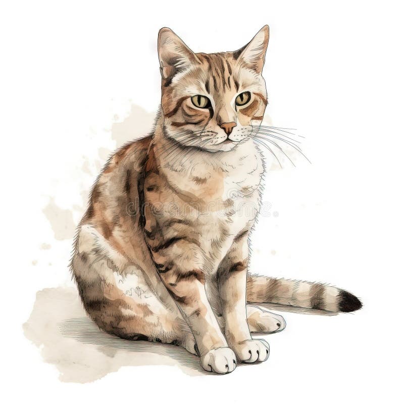 A Watercolor Painting of a Cat Sitting on the Ground Stock Illustration ...