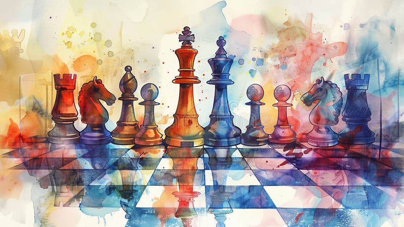 Watercolor Painting of Chess Game of Strategy Stock Illustration ...