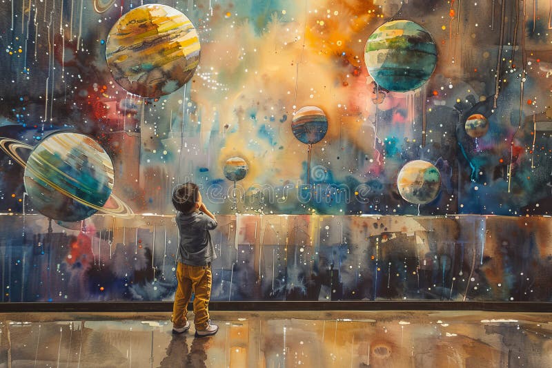 A Watercolor Painting of a Child in Awe As they Explore an Interactive ...