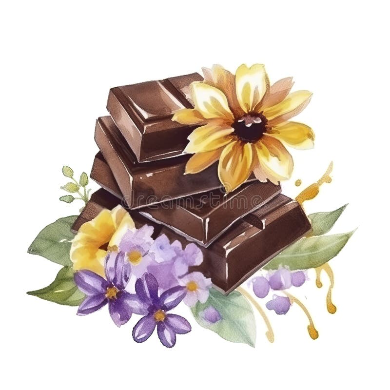 Watercolor Painting of a Chocolate with a Flowers Stock Illustration ...
