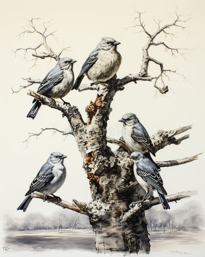 Watercolor Painting of Colorful Birds on Tree Branches. AI Generated ...