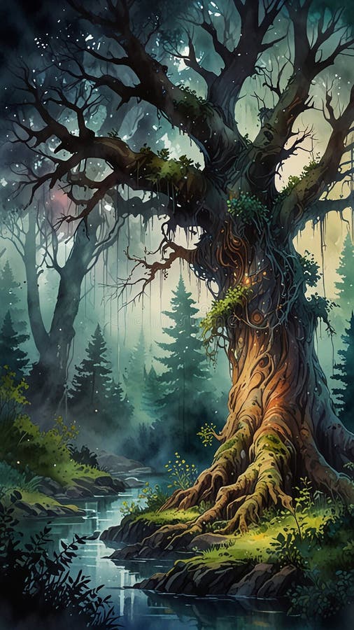 Watercolor Painting: a Colossal, Ancient Tree, Teeming with Magical ...