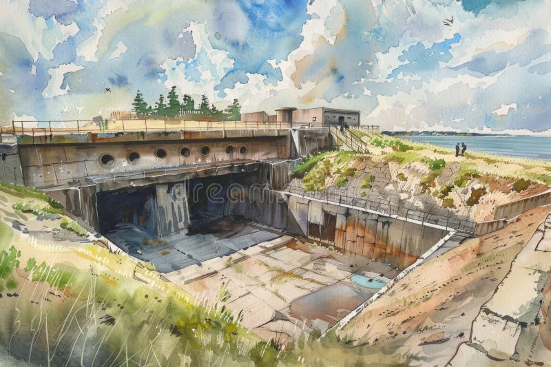 Watercolor Painting of a Concrete Structure on a Beach. Suitable for ...