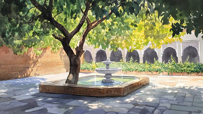 Watercolor Painting of a Courtyard with a Fountain Stock Illustration ...