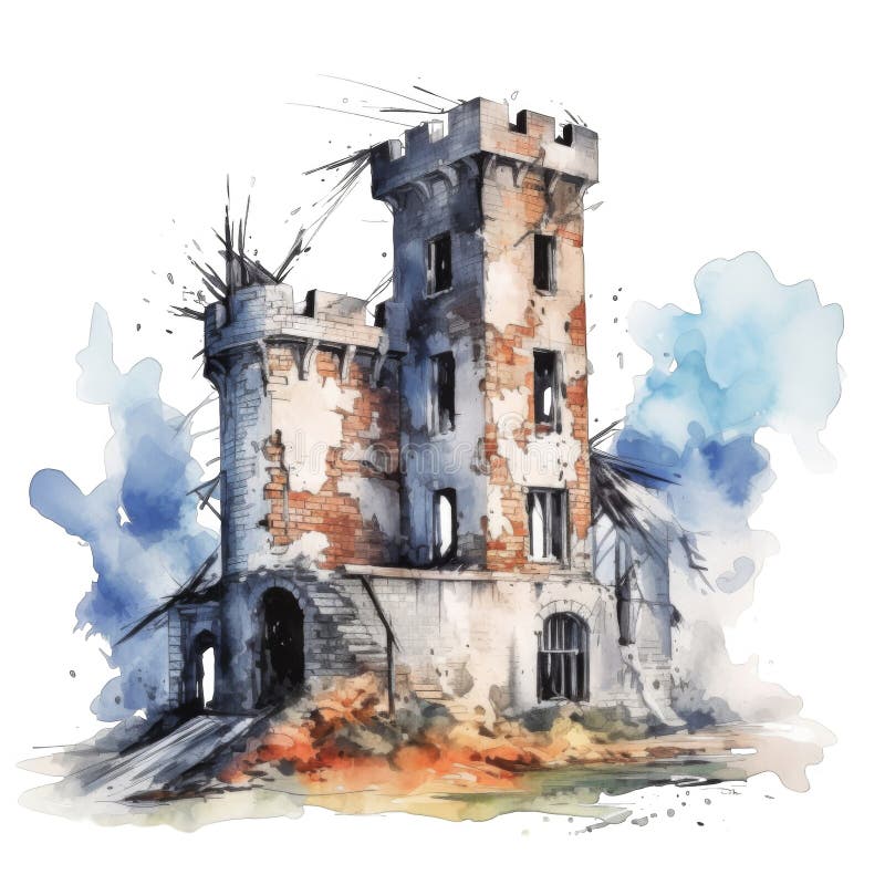 Watercolor Painting of a Crumbling Stone Tower Stock Photo ...