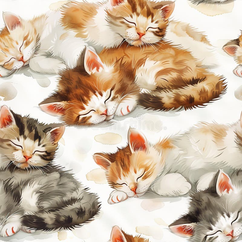 Watercolor Painting of Cute Kittens Sleeping Pattern. Generative AI ...