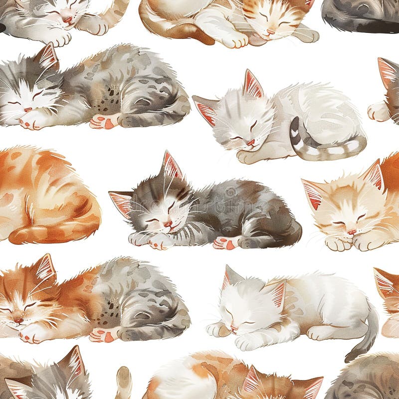 Watercolor Painting of Cute Kittens Sleeping Pattern. Generative AI ...