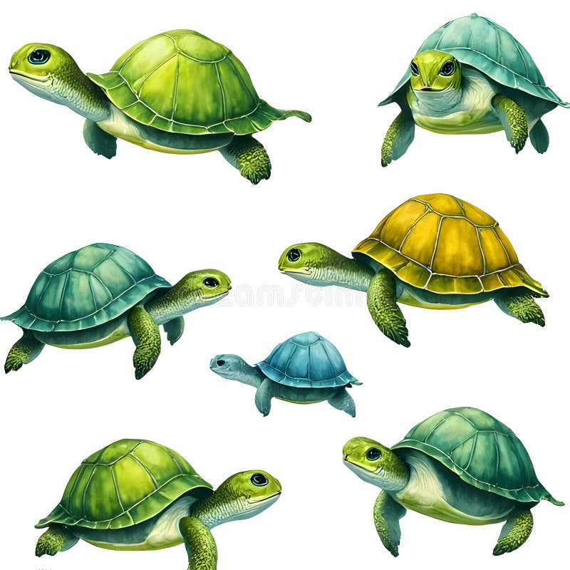 Watercolor Painting, 2d Cartoon, Many Turtles, Pattern Stock ...
