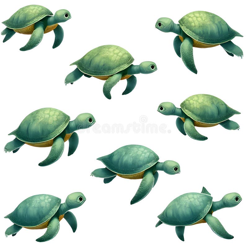 Watercolor Painting, 2d Cartoon, Many Turtles, Pattern Stock ...