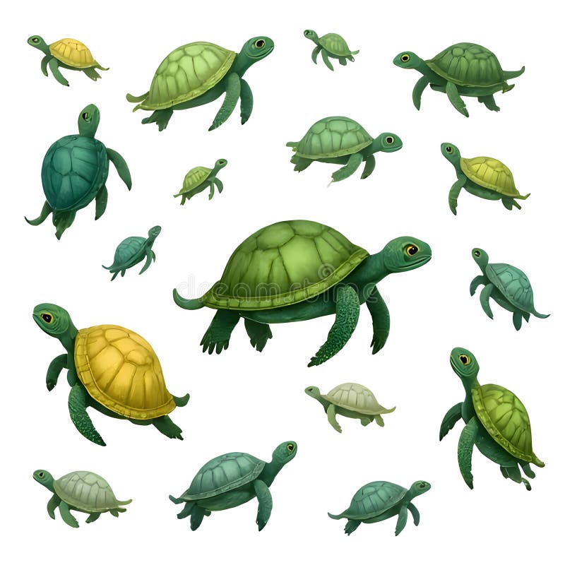 Watercolor Painting, 2d Cartoon, Many Turtles, Pattern Stock ...