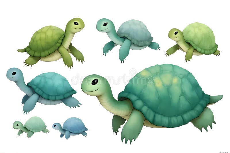 Watercolor Painting, 2d Cartoon, Many Turtles, Pattern Stock ...