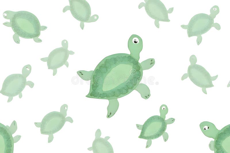 Watercolor Painting, 2d Cartoon, Many Turtles, Pattern Stock ...