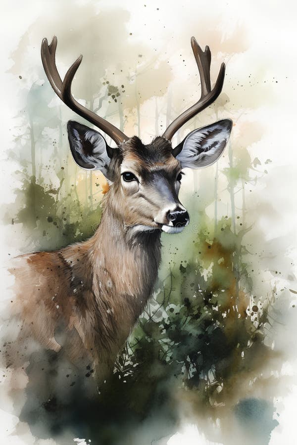 Watercolor Painting of a Deer in a Forest. Digital Painting Stock ...