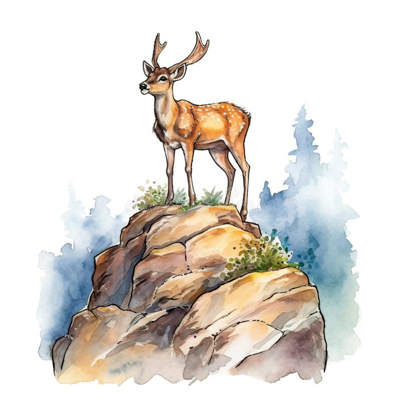 A Watercolor Painting of a Deer Standing on a Rock. Generative AI Image ...