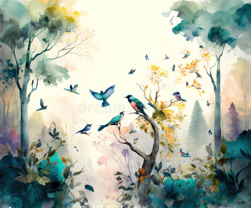 Watercolor Painting Digital Art High Quality of a Forest Stock Image ...
