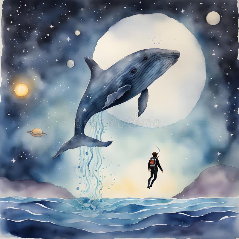 Watercolor Painting - Diving with Whale in Space Stock Illustration ...