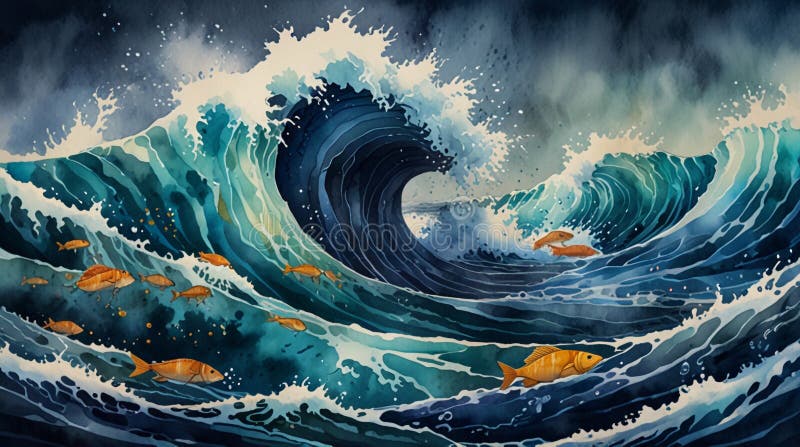 Watercolor Painting: a Dynamic Ocean Current, with Swirling Patterns ...