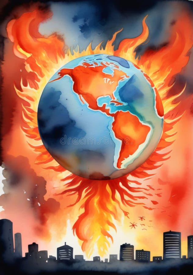 A Watercolor Painting of the Earth on Fire. Generative AI Stock ...