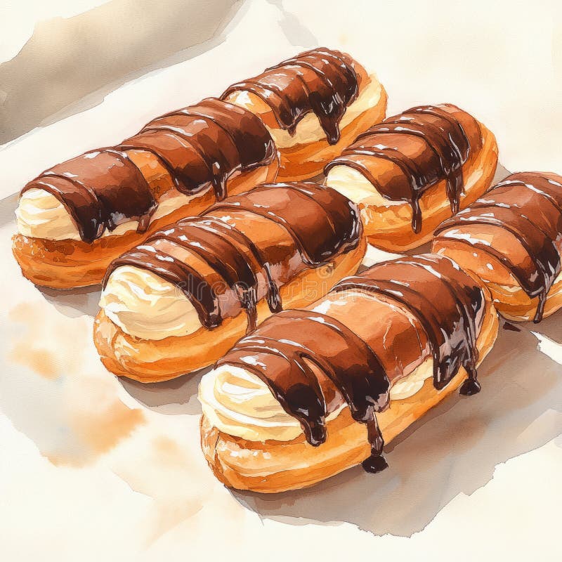 Watercolor Painting of Eclairs with Chocolate Drips. Stock Photo ...