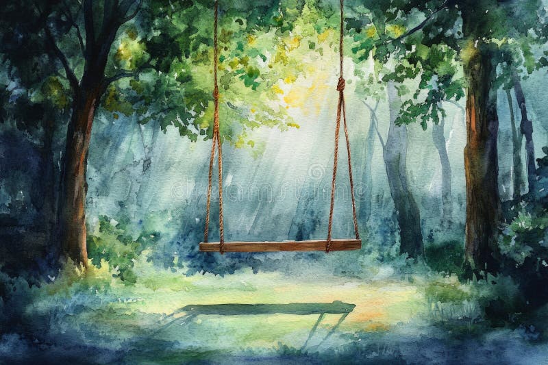Watercolor Painting of an Empty Swing Hanging from a Tree in a Misty ...