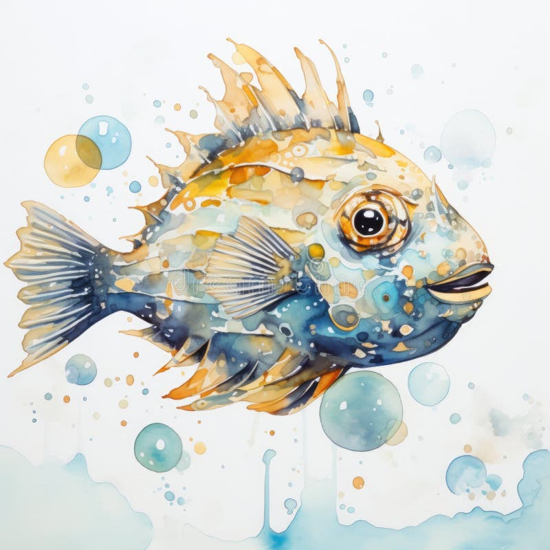 A Watercolor Painting of a Fish with Bubbles. Digital Image Stock ...