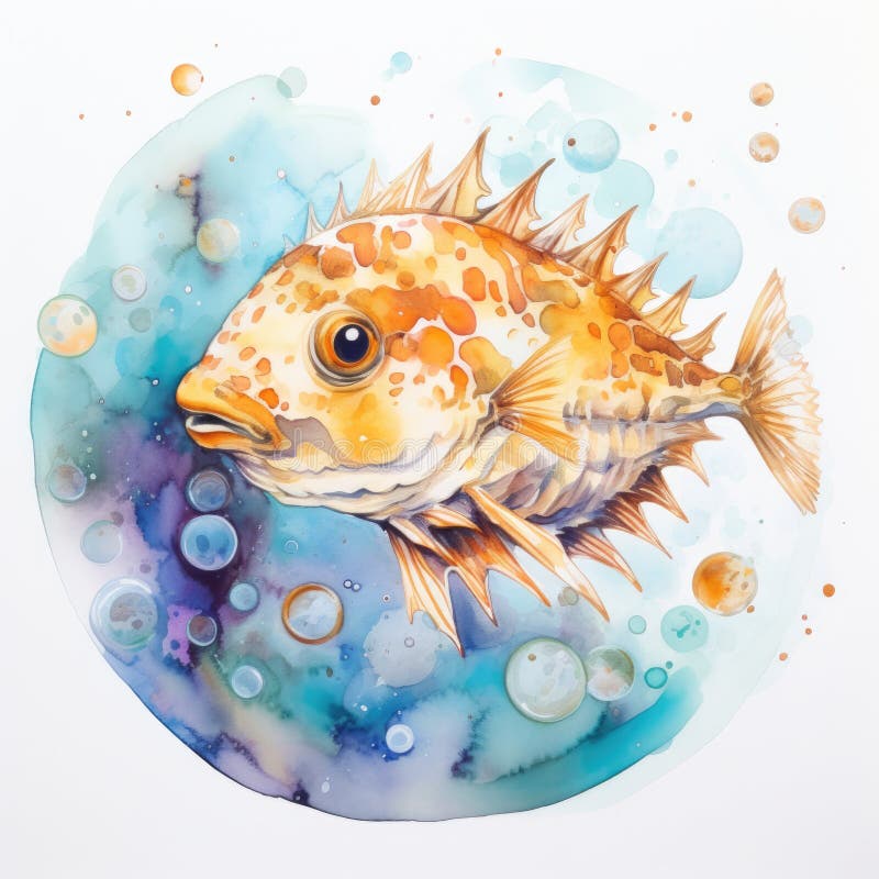 A Watercolor Painting of a Fish with Bubbles. Digital Image. Stock ...