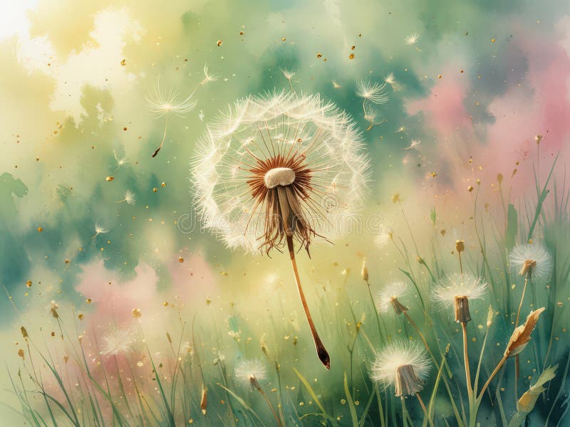 Watercolor Painting at of Flying Dandelion in a Spring Meadow Stock ...