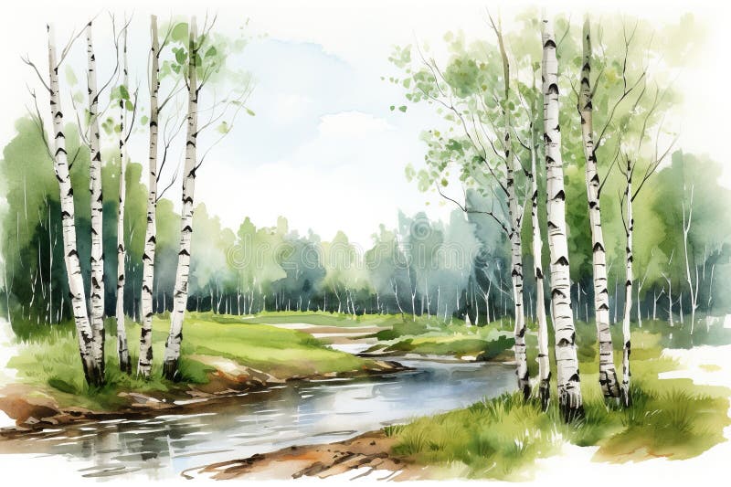 Watercolor Painting Forest Landscape of Birch Trees in Spring ...