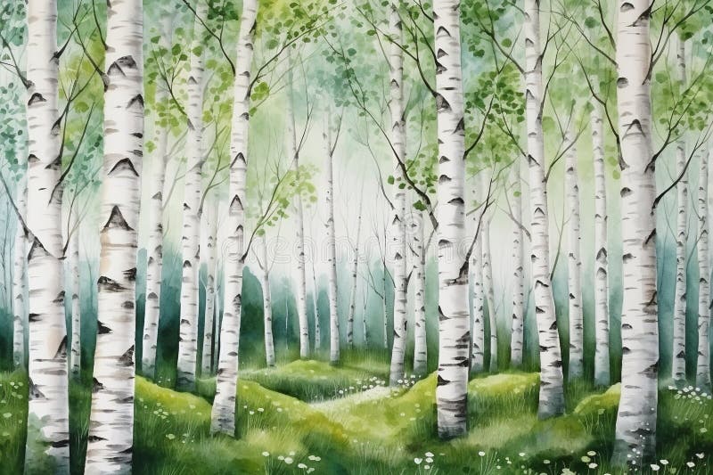 Watercolor Painting Forest Landscape of Birch Trees in Spring ...