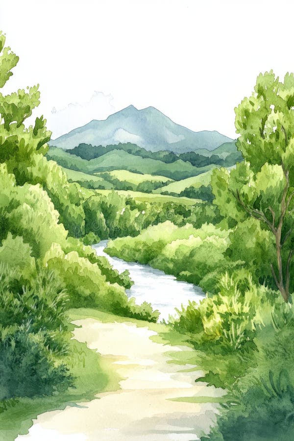Watercolor Painting of a Forest River with Mountains Stock Photo ...