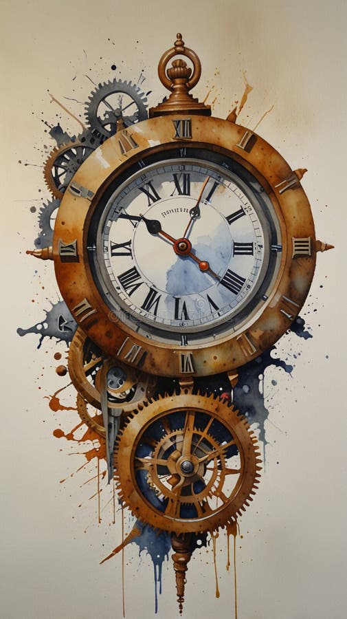 Watercolor Painting: Found Object Assemblage Featuring a Broken Clock ...