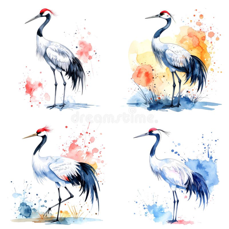 Watercolor Painting of Four Red Crowned Cranes Stock Illustration ...
