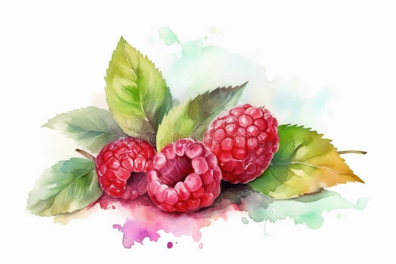 Watercolor Painting of Fresh Raspberry Berries with Leaves Stock Photo ...