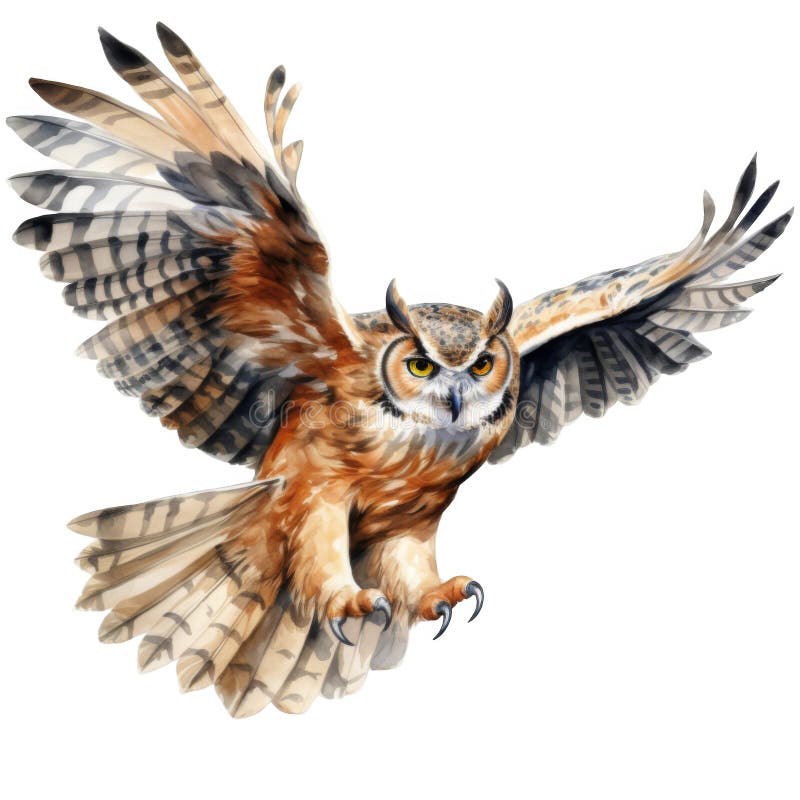 Watercolor Painting of a Great Horned Owl in Flight Stock Illustration ...