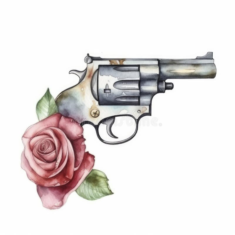 Watercolor Painting of a Gun with a Roses Stock Illustration ...