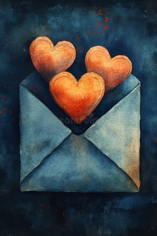Watercolor Painting of Hearts Emerging from Blue Envelope. Generated by ...