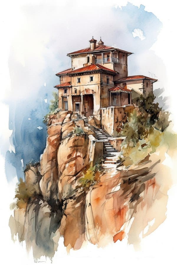 A Watercolor Painting of a House on a Cliff. Generative AI Image. Stock ...