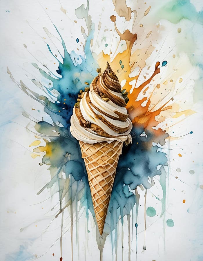 Watercolor Painting of an Ice Cream Cone Exploding with Color Stock ...