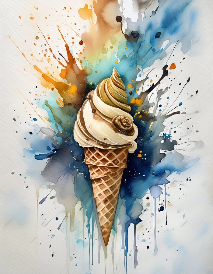 Watercolor Painting of an Ice Cream Cone Exploding with Color Stock ...